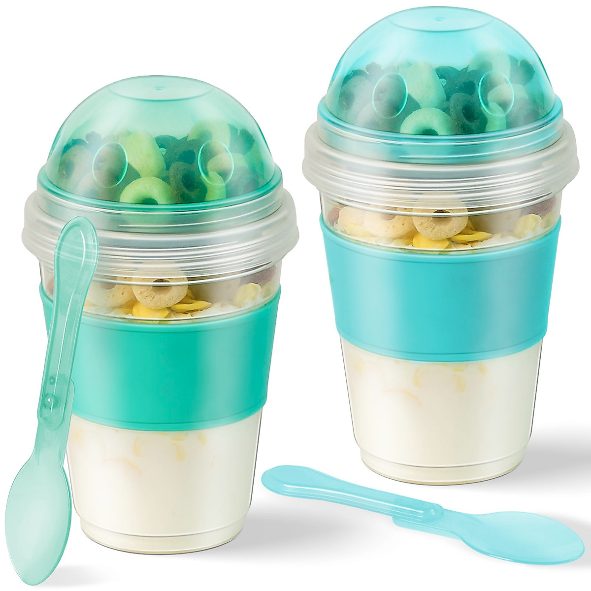 Freshmage Yogurt Parfait Cups with Lids, 2 Pack 20 oz Reusable Overnight Oats Containers with Lids, Topping Compartment & Spoon to Go for Breakfast Meal Prep, Portable & Lightweight (Blue&Green)