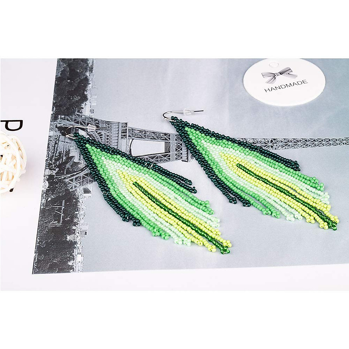 Luluping Long Beaded Dangle Earrings – Boho Native Handmade Seed Bead Tassel Earrings for Women, Bohemian Large Statement Beaded Drop Fringe Earrings (Green Beaded Earrings B)