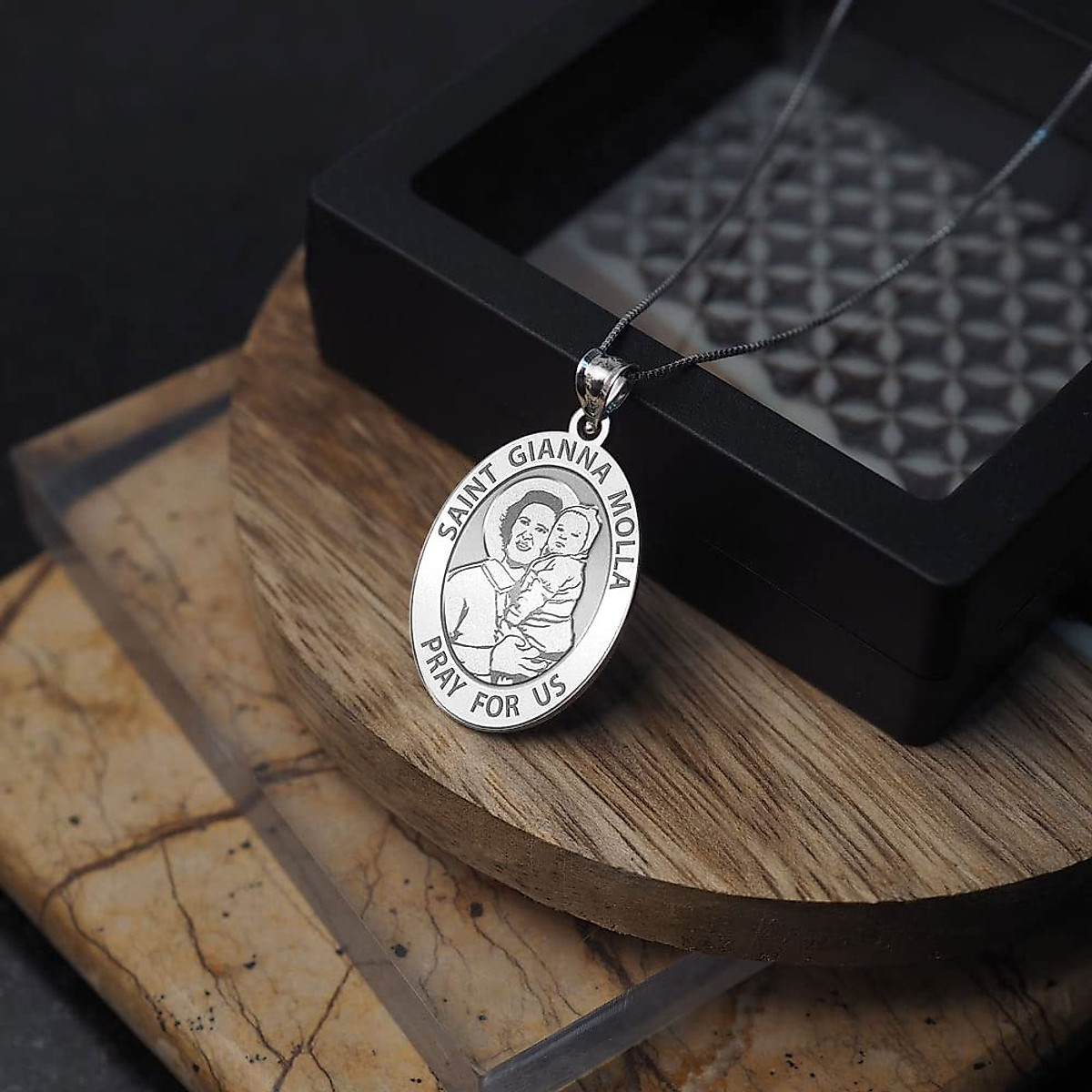 PicturesOnGold.com Saint Gianna Beretta Molla Oval Religious Medal - 2/3 X 3/4 Inch Size of Nickel, Sterling Silver with Engraving