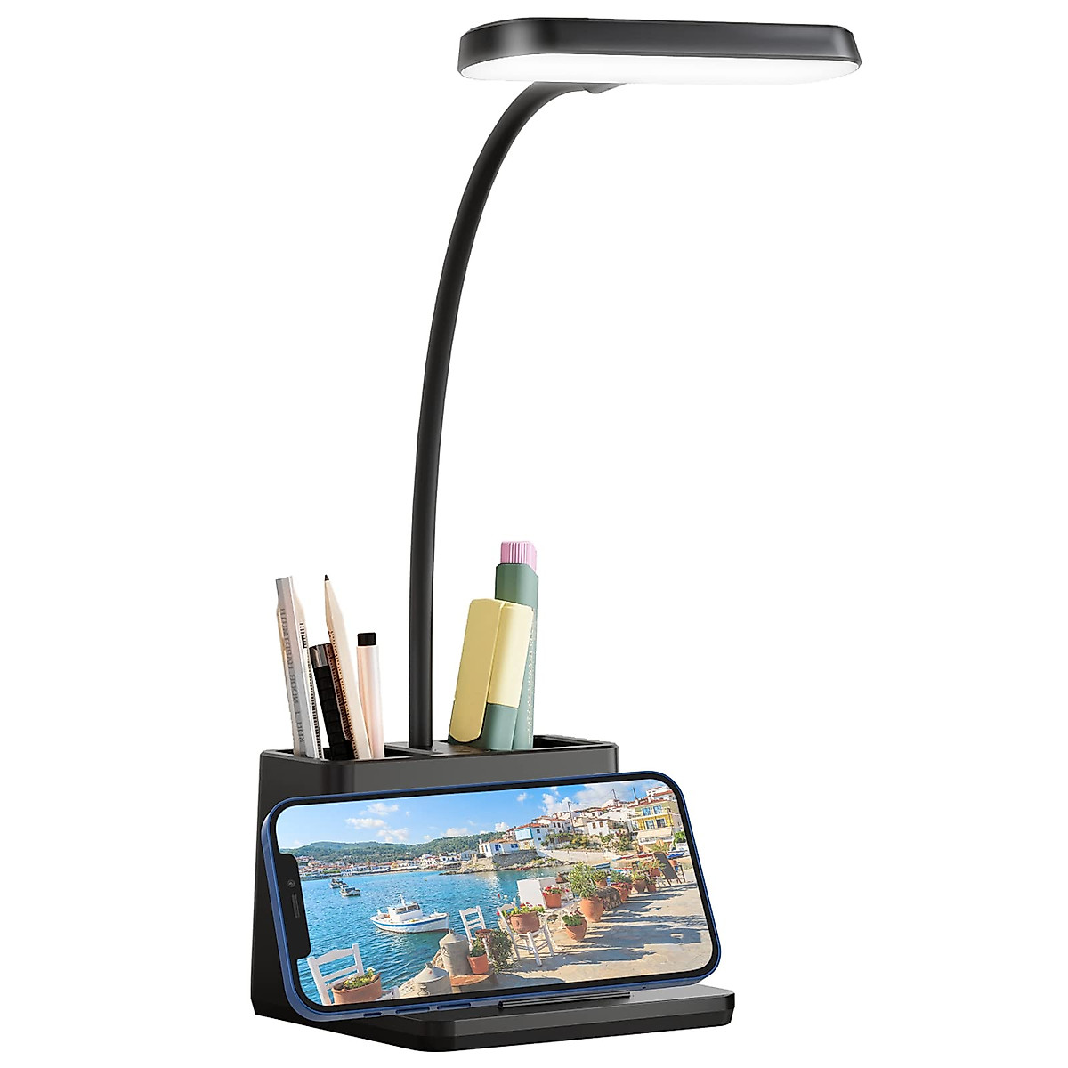 Battery Operated Desk Lamp, Small Desk Light for Home Office, Dunkok Rechargeable Desktop Lamp, LED Portable Lamp with Adjustable Gooseneck, Black Study Reading Lamp for Kids, Charger Adapter Included