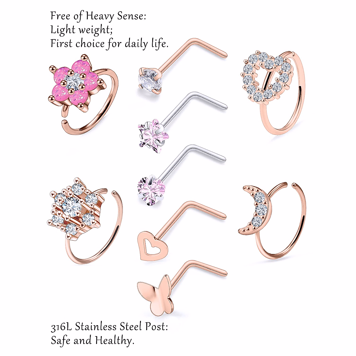 Goerhsjie 20g Nose Rings Hoops Studs Piercings Jewelry for Women Men Surgical Stainless Steel Rose Gold l Shaped Shape Bar Stuf 20 Gauge Hypoallergenic Butterfly Nostril Aretes para La Nariz