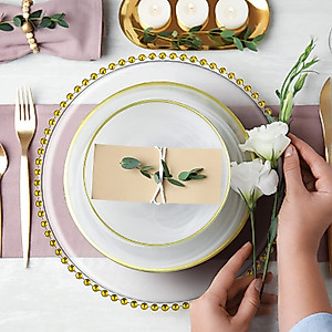 13 Inch Clear Plastic Round Charger Plates Table Dinner Charger Plates Clear Round Plates with Beaded Rim for Birthday Party Wedding Events Bridal Shower Dinner Decoration (Gold Bead, 12 Pack)