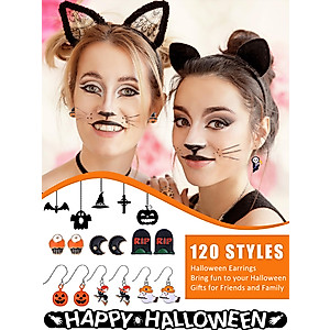 Sasylvia 120 Pairs Halloween earrings Sets Halloween Studs earrings Bulk Bat Cat Witch Stud earrings Set Spider Web Pumpkin Skull earrings Drop Halloween Jewelry for Women Girls for Party