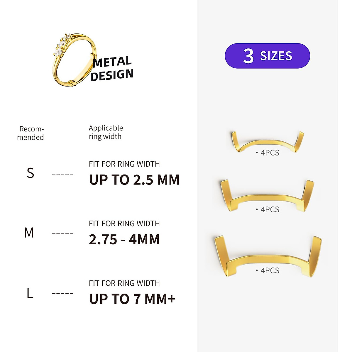 ELETIUO Filled Metal Ring Guard Set for Loose Rings,12 Pack 3 Sizes for Different Band Widths,Invisible Ring Size Adjuster Tightener Spacer Fitter for Any Ring Size,Golden+Silver Color