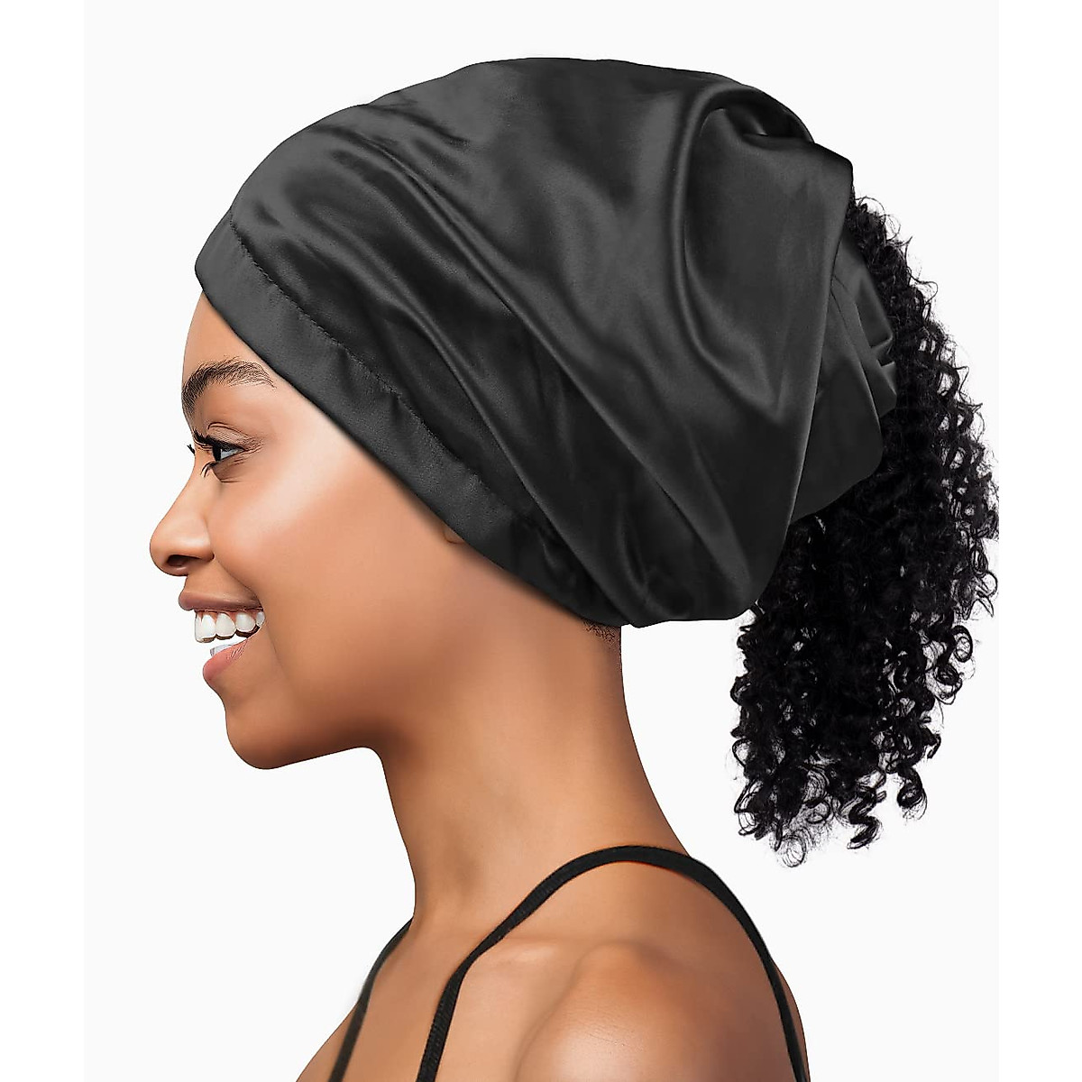 Large Satin Bonnet Sleep Cap for Curly Hair, Frizzy Hair Women and Men Black