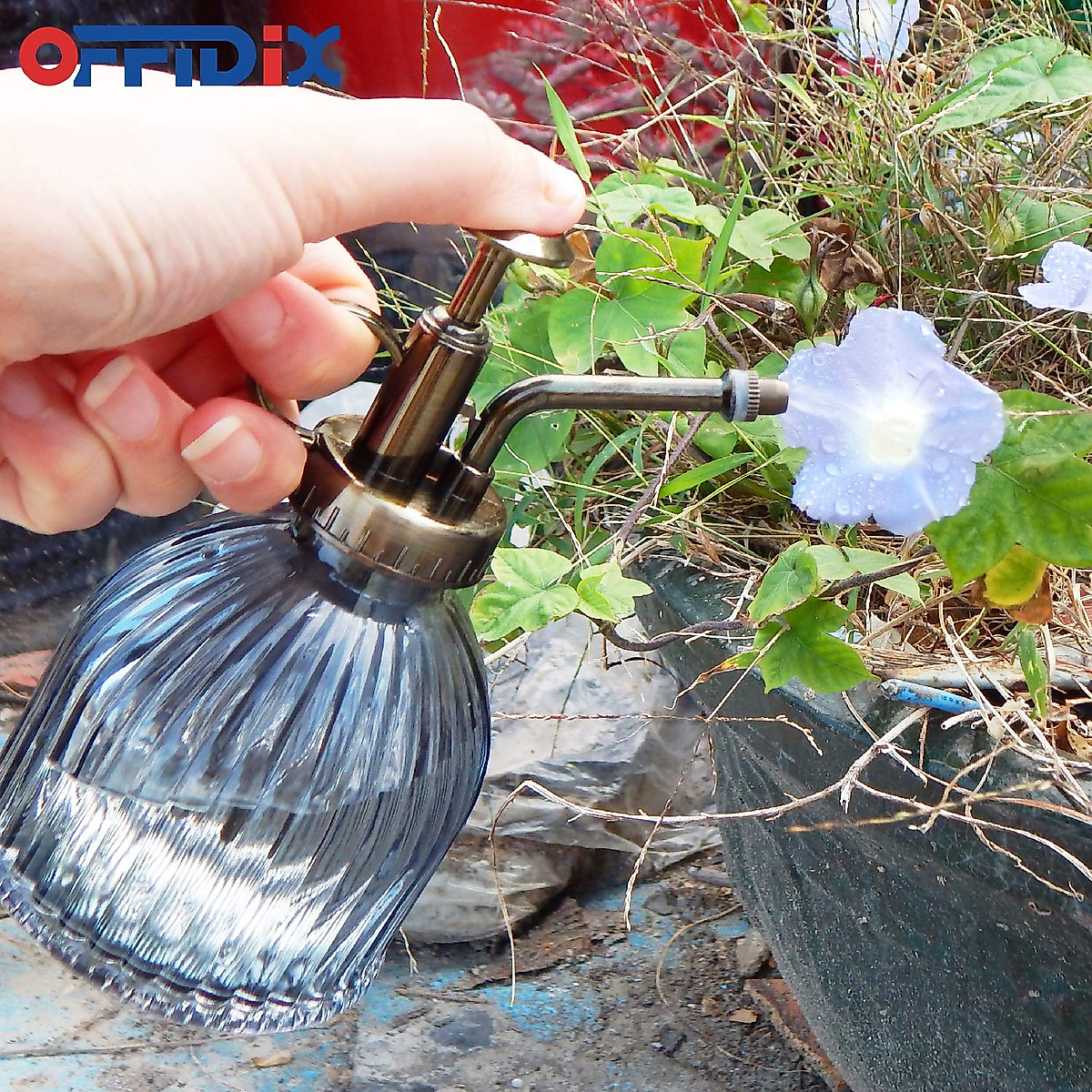 OFFIDIX Plant Mister Plant Water Spray Bottle, 6.3" Tall Vintage Style with Bronze Plastic Top Pump One Hand Glass Watering Can for Indoor Potted Plants Terrariums (Dark Gray)