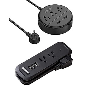 NTONPOWER Travel Power Strip with USB Bundle, 3 Outlet Flat Plug Power Strip and 2 Outlet Small Power Strip Extension Cord, Compact Charging Station for Cruise Ship, Nightstand, Home and Office, Black