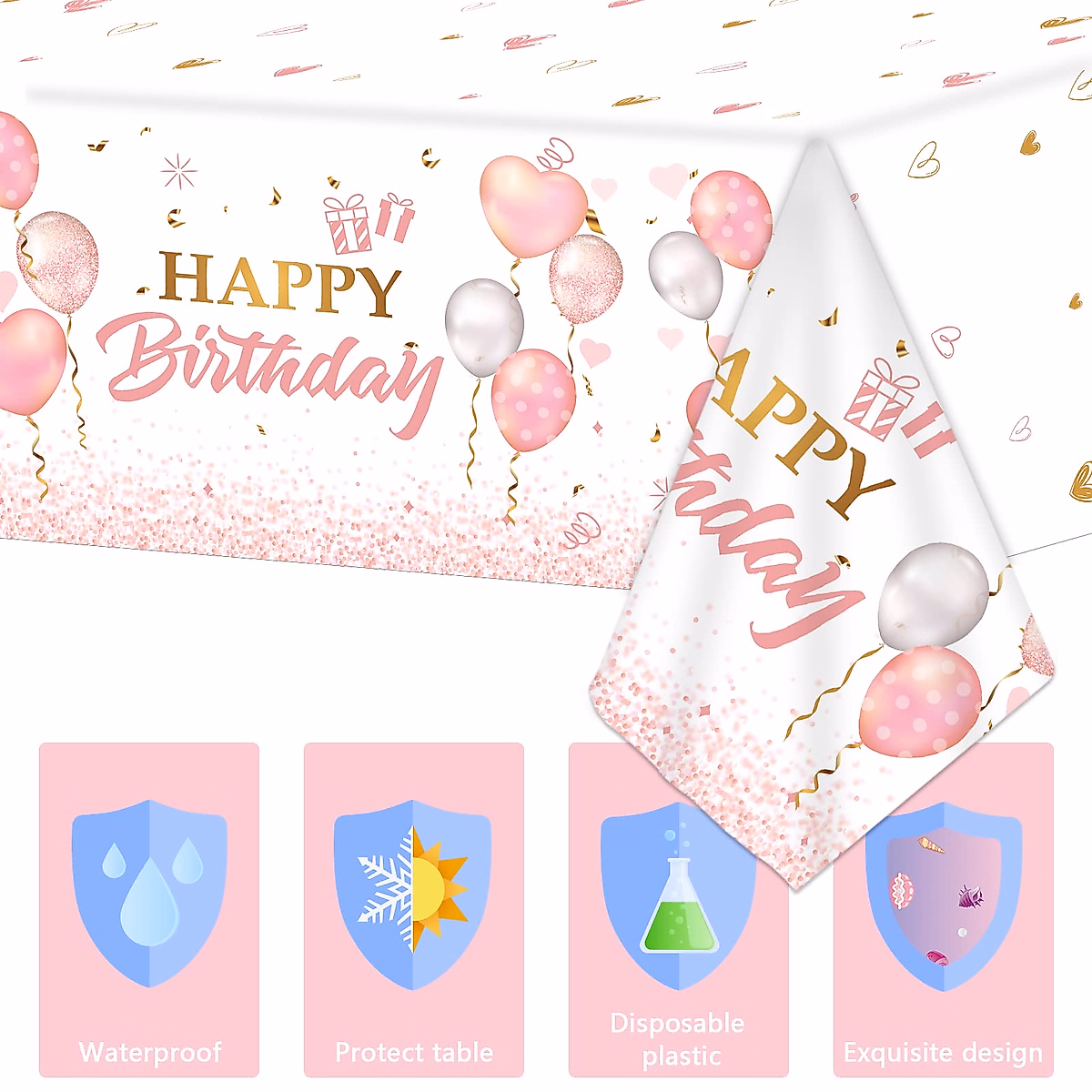 3 Pieces Pink Rose Gold Tablecloth for Rose Gold Birthday Decoration Plastic Disposable Party Table Covers for Rectangle Tables Girl Women Parties Happy Birthday Wedding Party Favors, 54 x 108 Inches