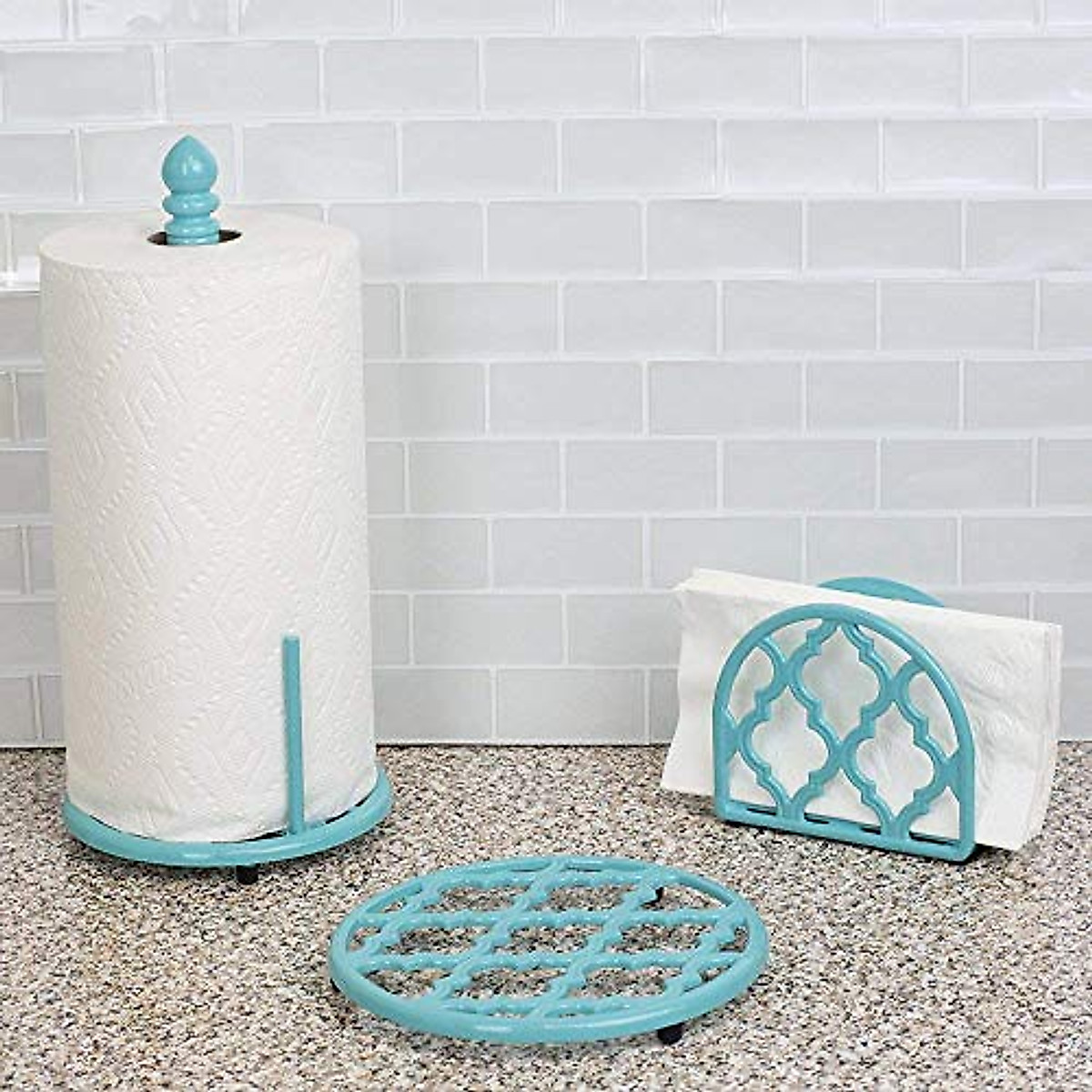 Home Basics Lattice Cast Iron Collection | Turquoise | Sleek Intricate Design | Upright Napkin Holder | Trivet | Paper Towel Holder