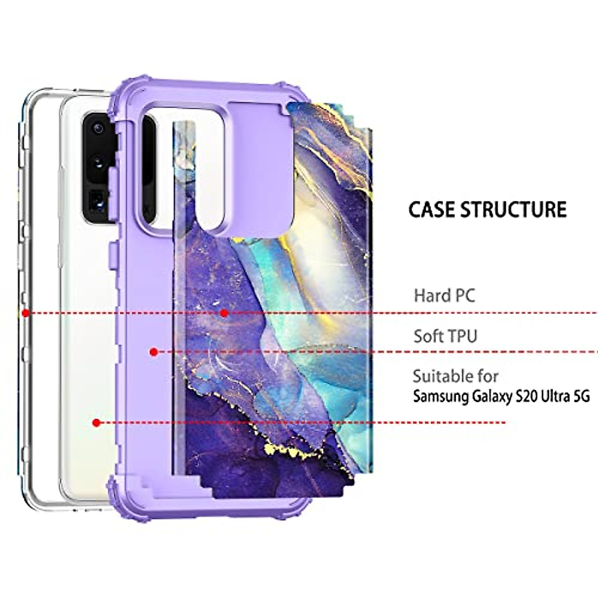 Rancase Compatible with Galaxy S20 Ultra Case,Three Layer Heavy Duty Shockproof Protection Hard Plastic Bumper +Soft Silicone Rubber Protective Case for Samsung Galaxy S20 Ultra 6.9 inch,Purple