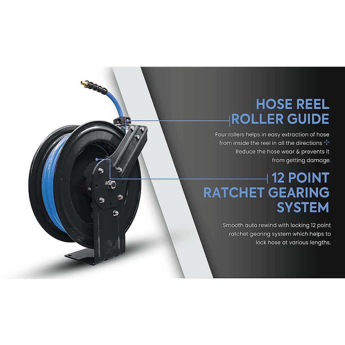 BLUBIRD BBR1265 18ga. Retractable Hose Reel with 1/2" x 65' Air Hose, 12 Point Ratcheting Gear, Next-Gen Rubber, Lightest, Strongest, Most Flexible, 300 PSI, 50F to 190F Degrees, Polyester Braided