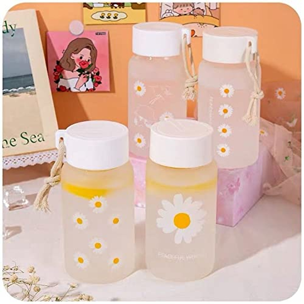 CHDHALTD 500ml Small Daisy Transparent Plastic Water Bottles with Portable Rope for Travel Drinkware Water Bottles Tea Cup(A6,Transparent)