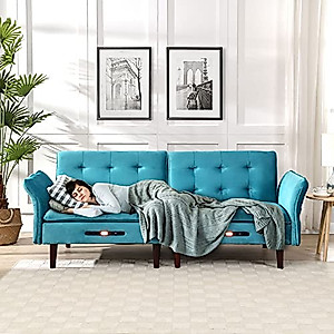 Charging Futon Sofa Bed, Velvet Convertible Sleeper Sofa Tufted Upholstered Couch with Adjustable Backrest & Armrest, Modern Accent Loveseat USB Chargeable Couch Bed for Home Living Room (Blue)