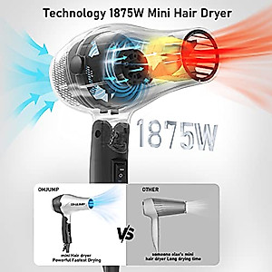 OHJUMP Mini Travel Hair Dryer Blow Dryer with Diffuser,Portable Small Dual Voltage Compact Hairdryer,EU Plug,1875W,Powerful Fast Dry,Folding Handle,Diffuser Hair Dryer( Silvery）