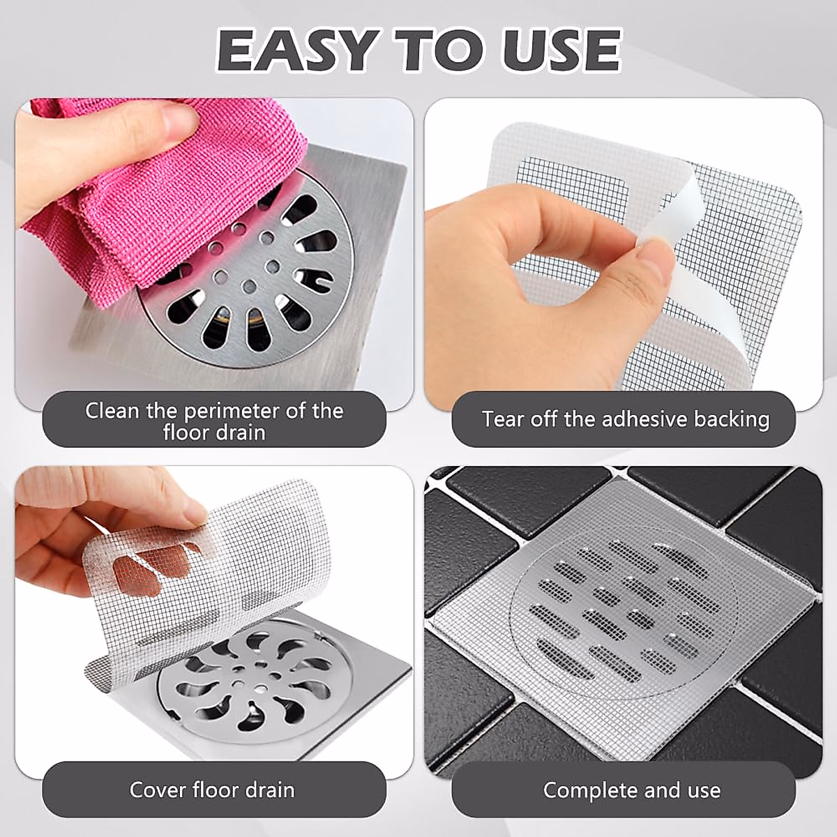 4 inch Disposable Shower Drain Cover Hair Catcher Shower Drain Mesh Stickers, Floor Drain Sticker for Bathroom, Laundry, Bathtub, Kitchen, Sink, 50 PCS Pack(grey)