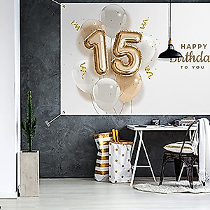Happy 15th Birthday to You Backdrop Banner Decor White – Glitter Spots Balloons Happy 15 Years Old Birthday Party Theme Decorations for Girls Boys Supplies