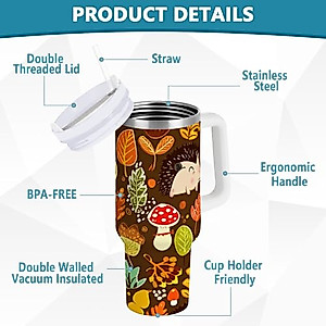 40 Oz Cute Hedgehog Autumn Insulated Water Tumbler with Handle and Straw Lid, 2 in 1 Lid Insulated Vacuum Insulated Tumbler