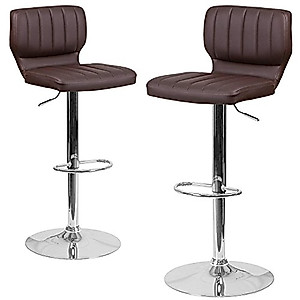 KLS Modern Barstools Adjustable Hydraulic 360 Degree Swivel Stable Steel Frame Padded Vinyl Cushion Low Back Seat Design Dining Chair Pub Stool - Set of 2 Brown # 1969