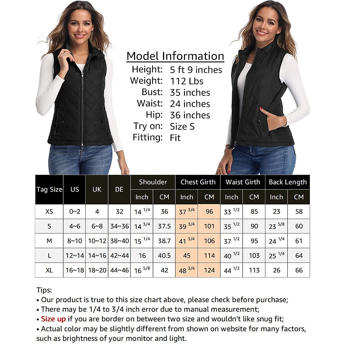 LONGKING Black Women's Vest, Stand Collar Lightweight Zip Quilted Vest for Women L