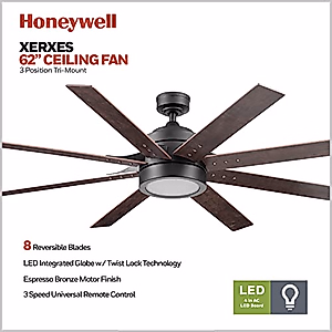 Honeywell Ceiling Fans Xerxes, 62 Inch Contemporary LED Ceiling Fan with Light and Remote Control, 8 Blades with Dual Finish, Reversible Motor - 51628-01 (Bronze)