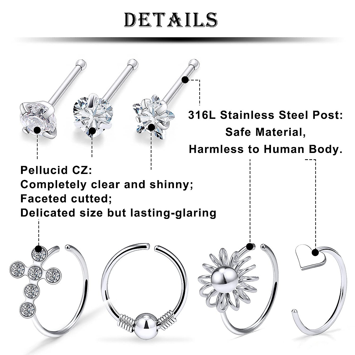 Kridzisw Nose Ring for Women 20g Star Heart Nose Ring Hoop Nose Ring Stud Straight Silver Nose Stud Pin Bone Stainless Surgical Steel Small Cute Real Nose Hoop Ring Nose Piercing Jewelry for wome Men