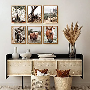 Nature Western Highland Cow Wall Art Prints Set of 6 Country Pictures Canvas Decor Horse Cactus Desert Boho Neutral Southwest Poster for Farmhouse Bedroom Home Room Wall Decor (8"x10" UNFRAMED)