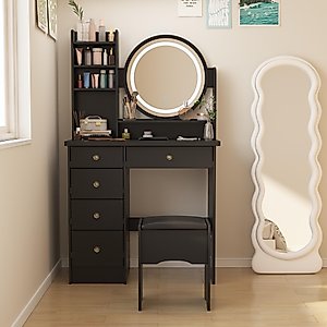 Hitow Vanity Desk Set with Lighted Mirror, Makeup Vanity with 5 Drawer & Shelf, Dressing Table with Touch Screen Light & Jewelry Organizer for Bedroom, Black (Lighted Mirror)