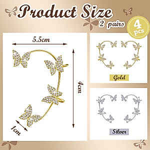 Bonuci 4 Pcs Butterfly Ear Cuff Earrings Glitter Rhinestone Butterfly Ear Cuff for Women Wrap Crawler Earrings No Piercing Butterfly Ear Clip Wrap Around Fake Earrings (Gold, Silver,Regular Style)
