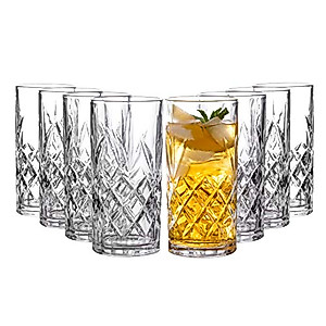 Royalty Art Kinsley Tall Highball Glasses Set of 8, 12 Ounce Cups, Textured Designer Glassware for Drinking Water, Beer, or Soda, Trendy and Elegant Dishware, Dishwasher Safe (Highball)