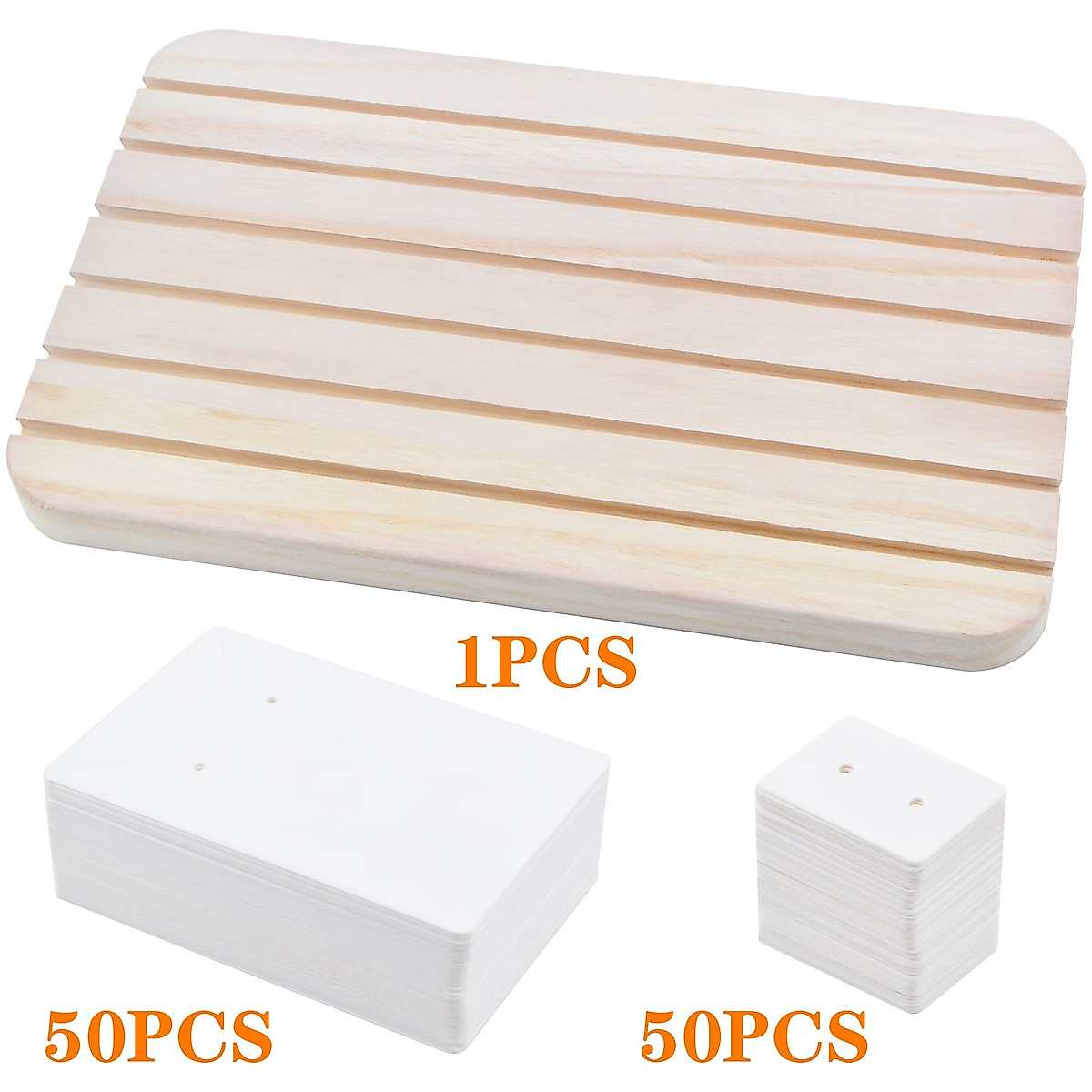 JMKTOOL Wood Earring Display Stand Set, 50pcs Earring Cards, 50pcs Necklace Earring Cards and 1pcs Wood Block Jewelry Display Holder for Selling Jewelry Organizer Displaying Photos Business Card