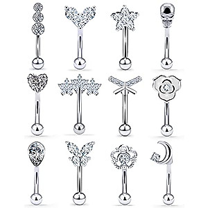 Vsnnsns 16G Rook Daith Piercing Jewelry Stainless Steel 8mm Curved Barbell Eyebrow Rings Helix Tragus Belly Lip Rings CZ Piercing Jewelry Cartilage Daith Rook Earrings for Women Men 12pcs Silve