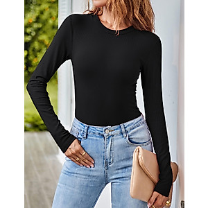 MEROKEETY Women Long Sleeve Slim Fit Crop Shirt Ribbed Knit Tops Casual Round Neck Y2K Tees Black Medium