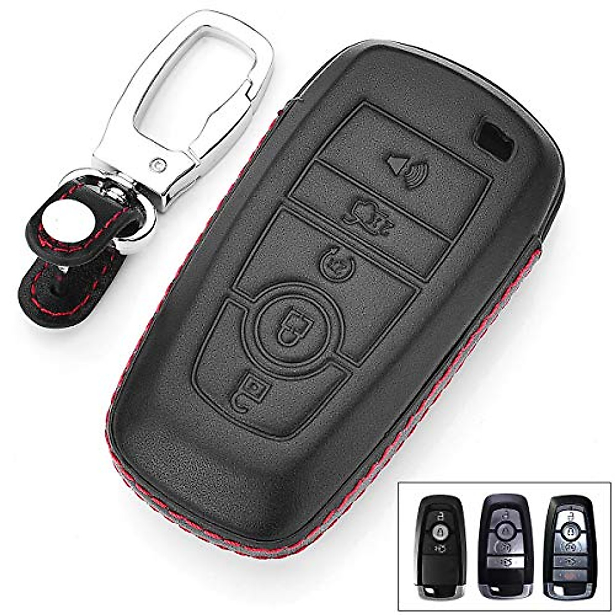 Royalfox(TM) 3 4 5 Buttons Real Leather keyless Entry Remote Key Fob case Cover Keychain for 2017 2018 2019 2020 2021 Ford Mustang Explorer Edge Fusion Mondeo F150 F250 F350 F450 F550 (Black Leather)