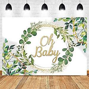 Flowerstown Oh Baby Backdrop 5x3ft Oh Baby Sign for Backdrop Green Leaves Floral Baby Shower backdrops for Photography Newborn Announce Pregnancy Party Decorations Backdrop FT090-XS