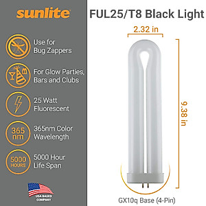 Sunlite 05165-SU FUL25T8 Fluorescent Black Light Bulb, 25 Watts, GX10q 4-Pin Base, UV Light, 365nm Color Wavelength, 5,000 Hour Life Span, Perfect for Bug Zappers, Clubs, Restaurants, Bars, 1 Pack