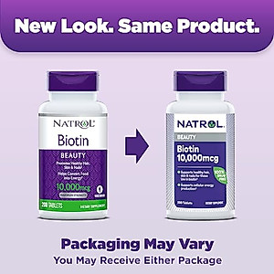 Natrol Beauty Biotin 10000mcg, Dietary Supplement for Healthy Hair, Skin, Nails and Energy Metabolism, 200 Tablets, 200 Day Supply