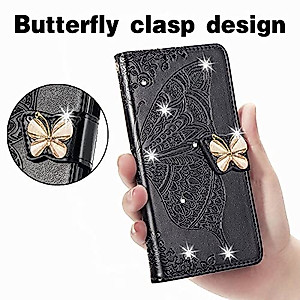Ysnzaq Samsung Galaxy A32 5G (Not 4G) Lanyard Wallet Case,3D Butterfly Embossed Leather Magnetic Clasp Phone Case with Card Slots Holder Cover for Samsung Galaxy A32 5G HZDGS Rhinestone Black