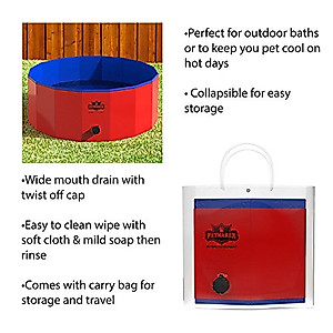 Dog Pool - Portable, Foldable 30.5-Inch Doggie Pool with Drain and Carry Bag - Pet Swimming Pool for Bathing or Play by PETMAKER (Red)