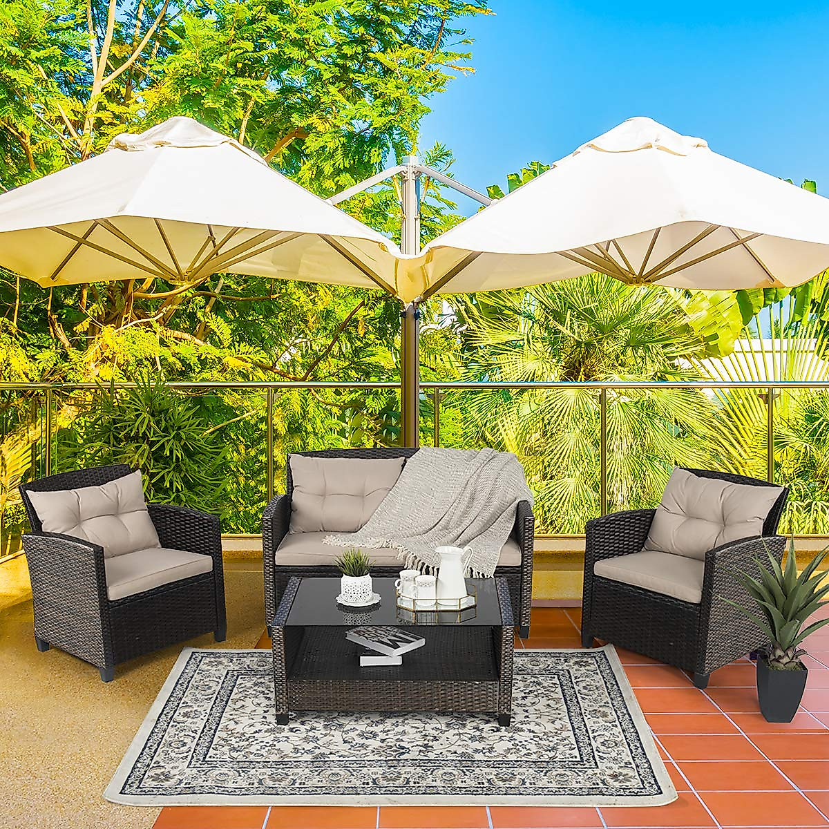 Tangkula 4-Piece Outdoor Rattan Furniture Set, PE Rattan Wicker Sectional Sofa with Loveseat Chair & Glass Table, Patio Cushioned Conversation Sets for Backyard Porch Garden Poolside (1, Brown)