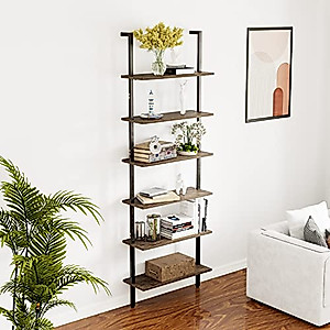 Wolawu Ladder Shelf Black 6 Tiers Modern Bookshelf Room Organizer Open Tall Wall Mount Bookcase Standing Leaning Wall Shelves Industrial Decorative Living Room Bed Room
