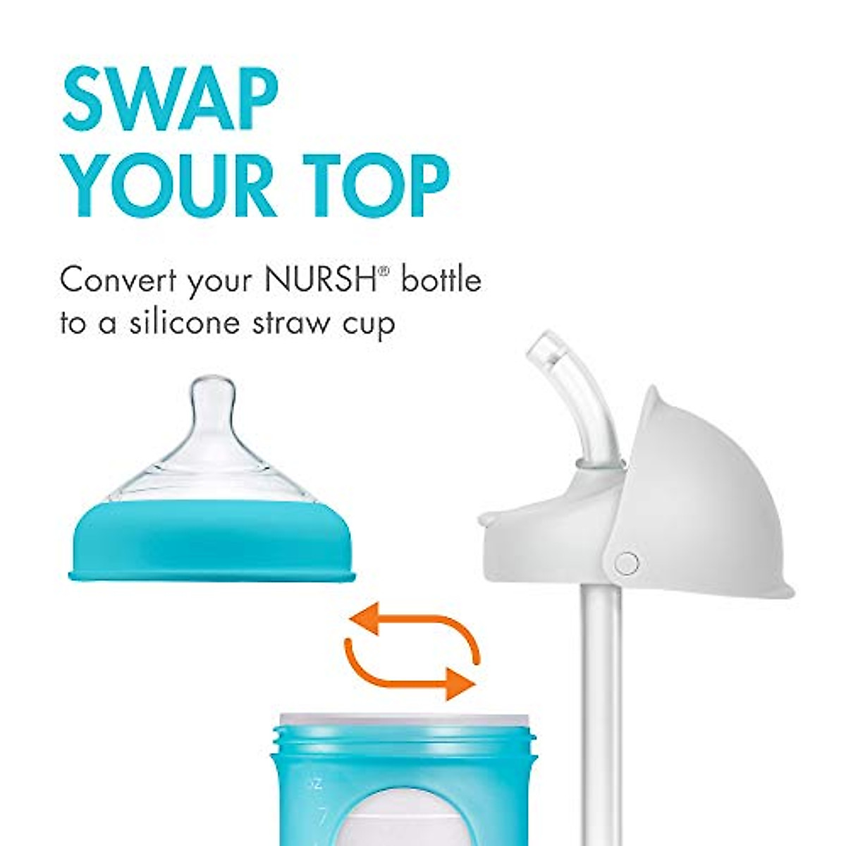 Boon NURSH Reusable Silicone Baby Bottles & NURSH Silicone Straw Conversion Top, Straws for NURSH Baby Bottles & NURSH Silicone Sippy Cup Lid, 6 Months and up