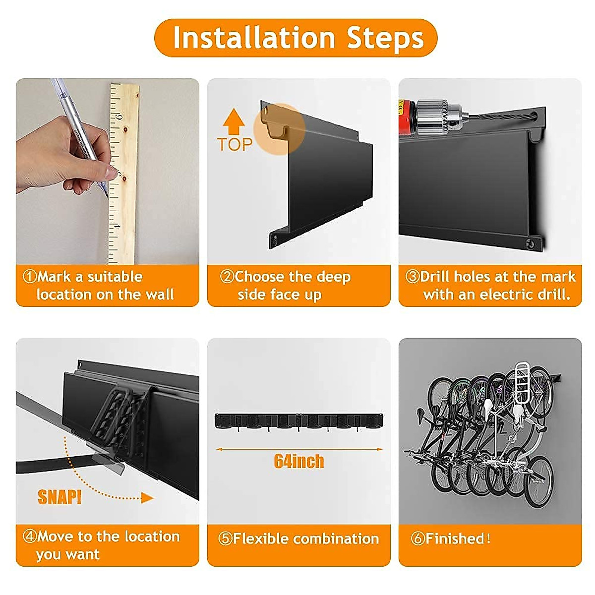 TORACK Bike Storage Rack, 6 Bike Racks & 5 Hooks for Garage, Wall Mount Vertical Bicycles Hanger for Home Space Saving, up to 600lbs, 64-inch