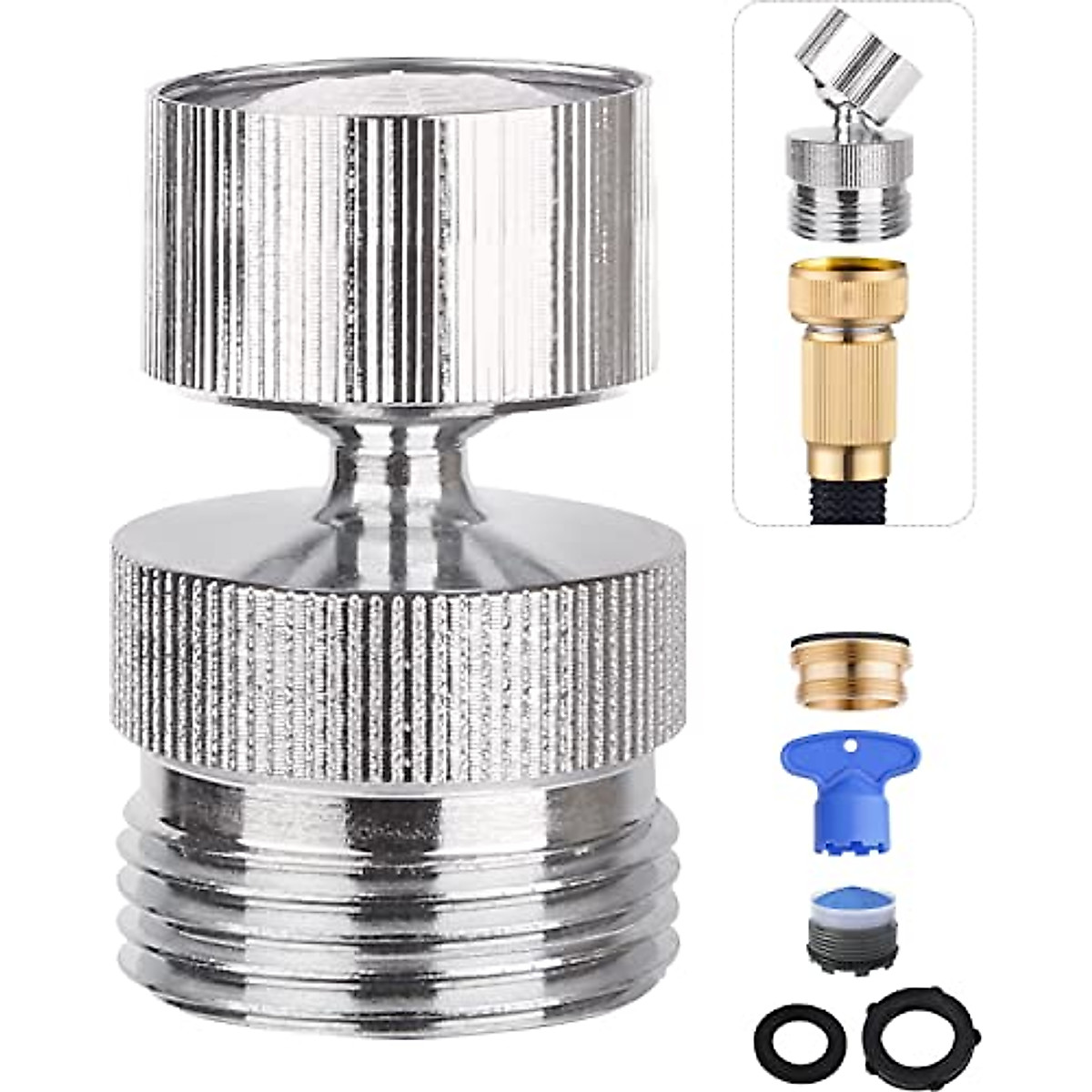 Faucet to Garden Hose Adapter Kit, 360 Degree Swivel Faucet Aerator Adapter to Garden Hose with Cache Faucet Aerator Key, Sink Garden Hose Attachment for Male to Male and Female to Male, Chrome
