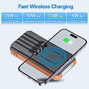 DJKK Solar Power Bank Wireless Charger 33800mAh Built in 4 Cables and LED Camping Lights 22.5W Fast Charging Power Bank 7 Outputs 4 Inputs Portable Charger Compatible with All Mobile Devices (Orange)