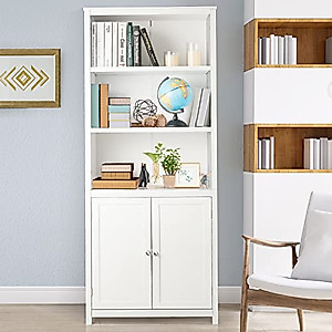 Tangkula Bookcase with Doors, 3 Tier Open Book Shelving, Standing Wooden Display Bookcase with Double Doors, Ideal for Home Bedroom, Living Room, Office, Library with Doors, White Finish (White)