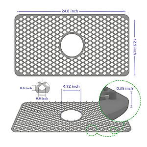 Silicone sink protectors for Kitchen with Center Drain, Grey Grid Accessory Non-slip Heat Resistant Folding mats Grates for Bottom, for Farmhouse Stainless Steel Porcelain Sink (24.8"x 12.9")