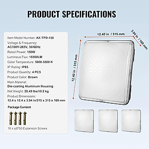 VEVOR 4 Pack LED Canopy Lights, 150W, 16500LM 5000K Daylight Commercial Industrial Outdoor Canopy Lights, 12.4"x12.4" Surface Mount Ceiling Lighting for Gas Station Warehouse Garage Street Shop, IP65