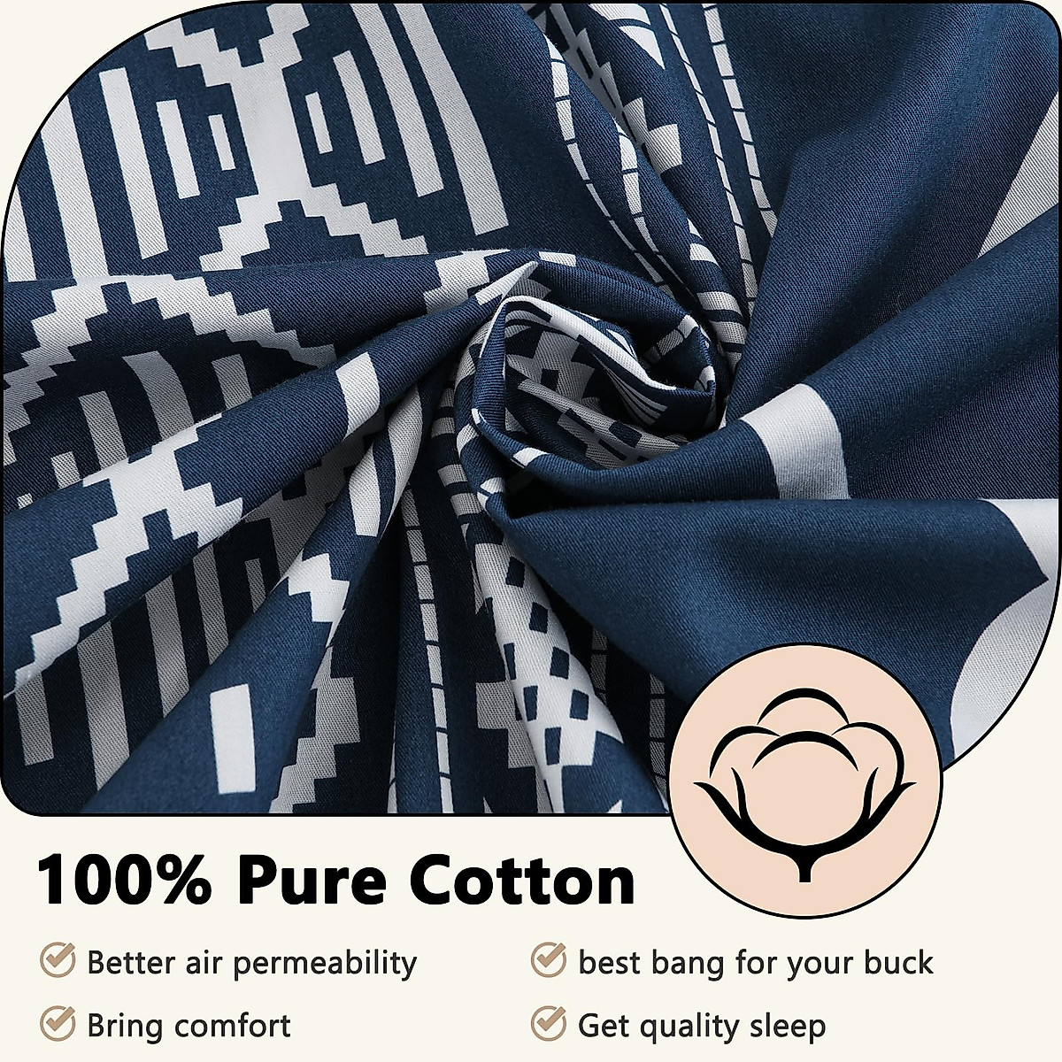 DUOMING Boho Duvet Cover King - 100% Cotton Navy Duvet Cover Set, Navy Blue King Duvet Cover with Zipper Closure & 8 Ties, 3 Piece Bohemian Duvet Cover King Set