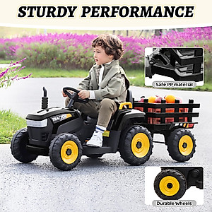 TOBBI Kids Electric Ride On Toy Tractor, 12v Battery-Powered 4 Wheels Ride On Car with Trailer for Toddlers 3-6 Years-Black