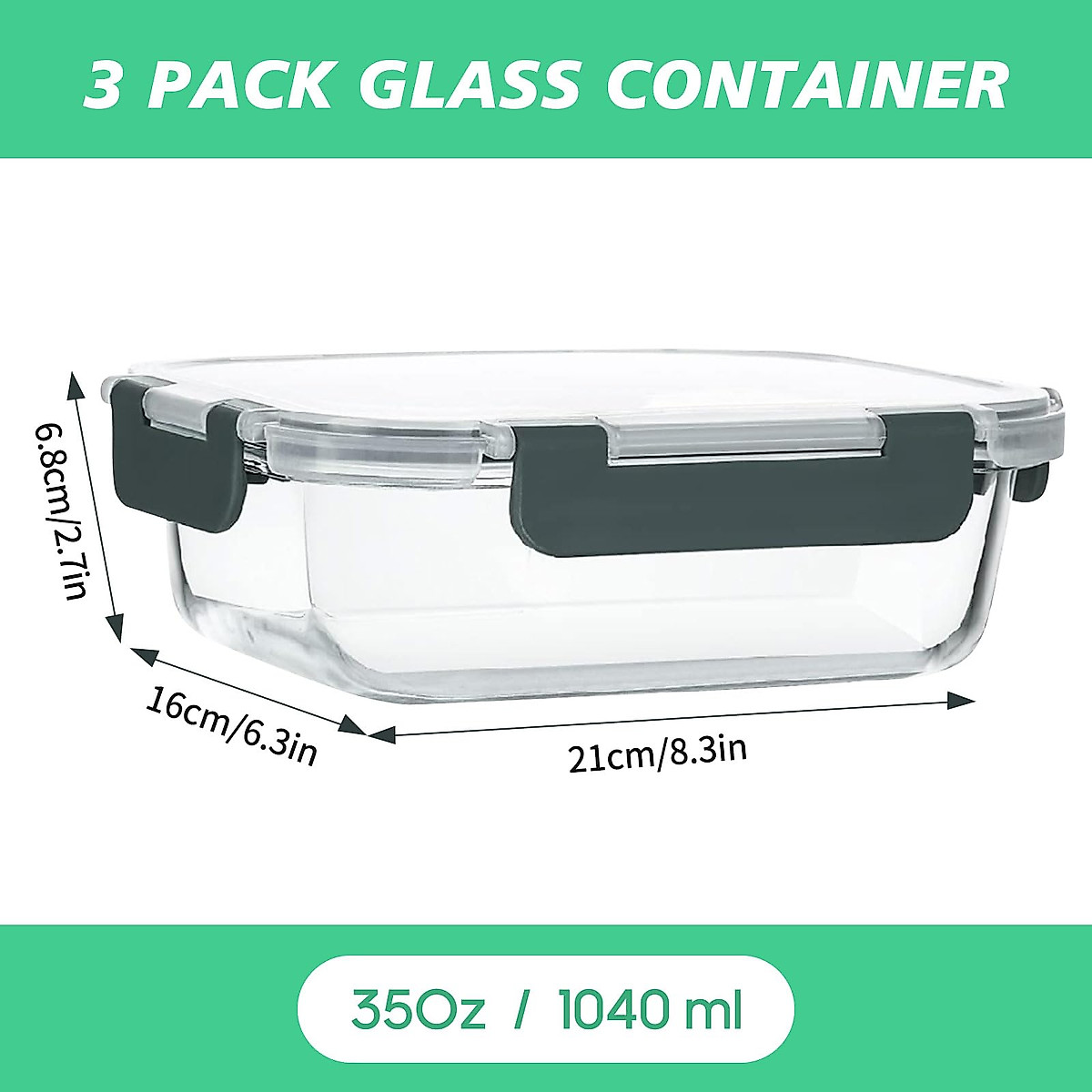 Dumtanight 3 Piece Glass Food Storage Container Glass Lunch Containers Glass Meal Prep Container Set Clip Seals Tightly Without Leakage Applicable to Microwave Oven Refrigerator Dishwasher